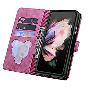 EAXER for Samsung Galaxy Z Fold 3 Case, Shockproof Sakura Leather Card Slots PU Wallet Case Cover (Rose)