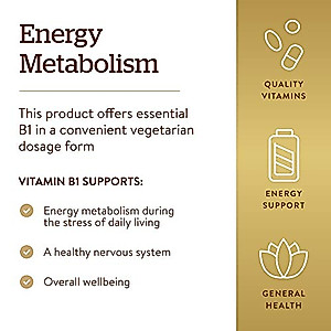 Solgar Vitamin B1 (Thiamin) 100 mg, 100 Vegetable Capsules - Energy Metabolism, Healthy Nervous System, Overall Well-Being - Non-GMO, Vegan, Gluten Free, Dairy Free - 100 Servings