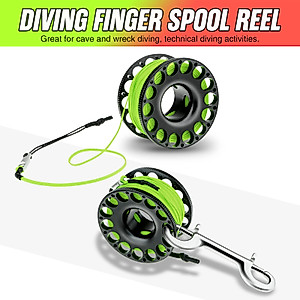 Pecihiko Scuba Diving Reel, Aluminum Alloy Wreck Cave Finger Spool with 30m/100ft High Visibility Line and Double-Ended Bolt Snap Clip Fits for Outdoor Diving Activities Fluorescent Green