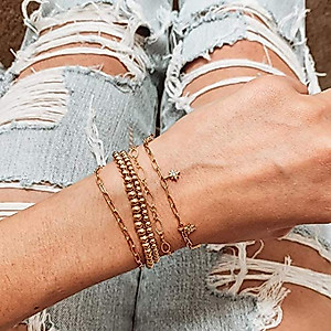 Reoxvo Dainty Gold Beaded Bracelets Jewelry Set for Women Trendy 14K Gold Paperclip Link Chain Bracelet Stack