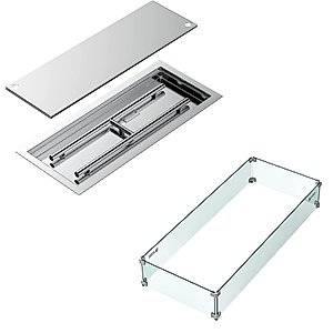 Skyflame Rectangular Stainless Steel Drop-in Fire Pit Pan and Burner with Burner Cover, Include 42" X 18" Fire Pit Glass Wind Guard