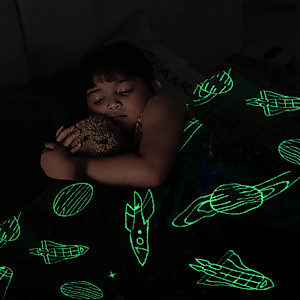 Wesan Glow in The Dark Galaxy Blanket Space Gifts for Kids Boys Girls Outer Space Planets Spaceships Astronomy Starry Sky Throw Birthday for 1-13 Year Teenage Teens Blue 50"x60"