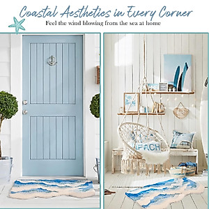 DyeFury Blue Ocean Wave Bath Mat, Cute Funky Bathroom Rugs for Coastal Beach Nautical Themed Decor, Non-Slip Washable Accent Rug for Bedroom Kitchen, Trendy Tufted Shower Mats 31"x 21"