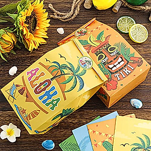 Whaline 24Pcs Hawaiian Tropical Gift Bags Wrapped Treat Bags with Tag Stickers Summer Vibes Party Favor Bags Aloha Candy Bags Kraft Paper Gift Bags for Summer Hula Party Supplies Gift Wrap