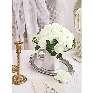 JPSOR White Roses Artificial Flowers 25pcs Foam Fake Roses with Stems for DIY Wedding Bouquets Floral Arrangements Table Centerpieces Home Decorations (Ivory)