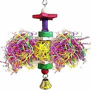 SunGrow Parakeet Toy, Brightly Colored Hanging Toy Made of Rattan, Wood and Shredded Paper, for Small and Medium Parrots, Cockatiels, Lovebirds and Finches (1 Piece)