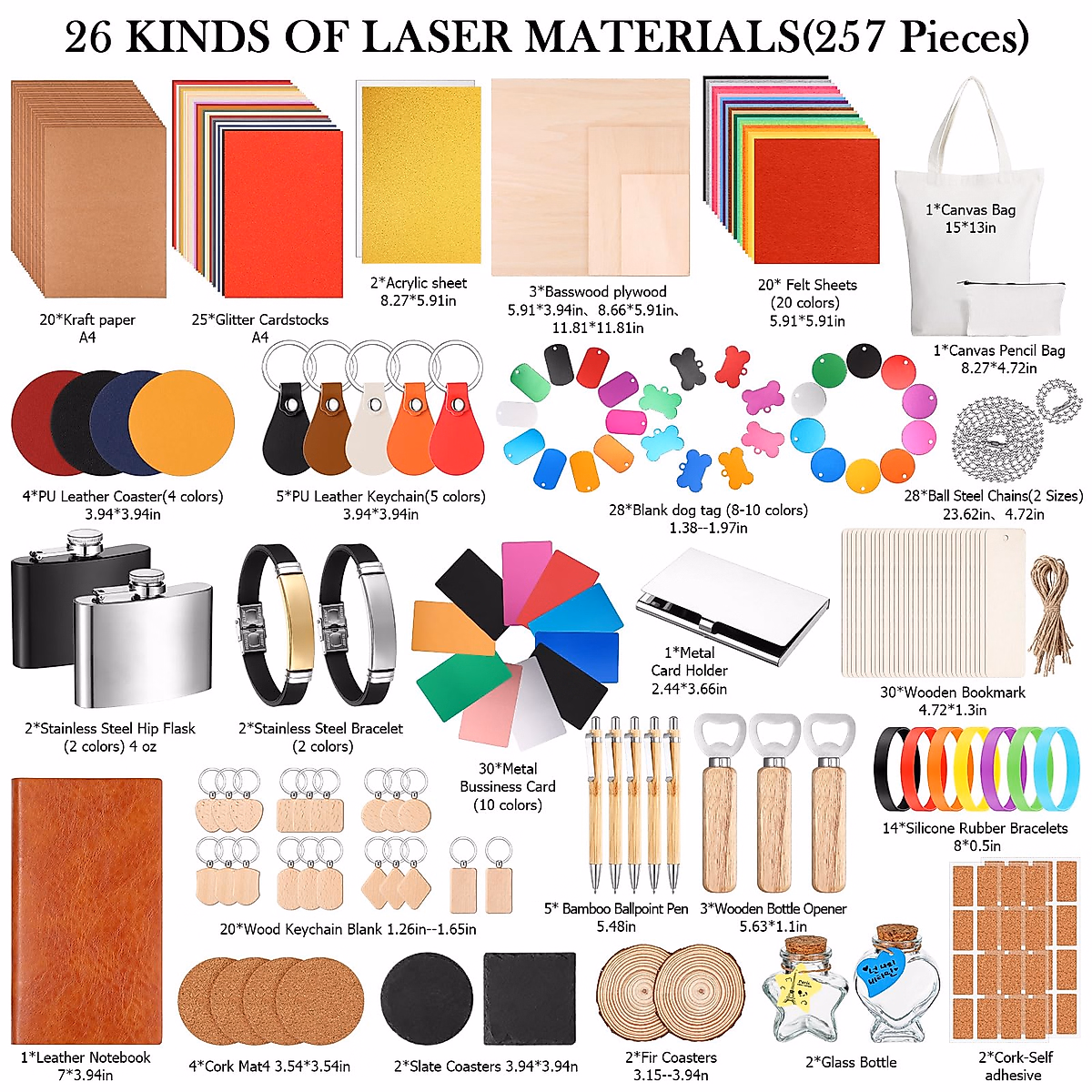 Dunzoom 257 Pcs Laser Material Kit Laser Engraving Materials Including Acrylic, Metal, Wood, Fabric, PU Leather, Glass, Rock, Rubber Materials for Laser Engravers and Laser Cutters