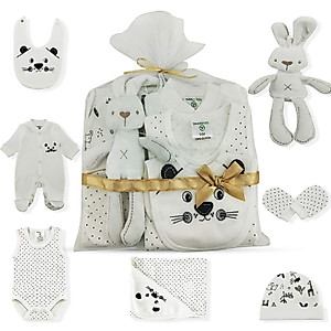 TANGEE KIDS Baby Shower Gift 7 Piece Ivory White (0-3 Months), Newborn Premium Cotton Baby Clothes Boy Girl, Gift Registry, Bodysuits, Bib, Hooded Blanket, Mittens, Hat, Stuffed Toy