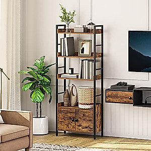 HOOBRO 4-Tier Bookshelf with Doors, Industrial Wooden Bookcase with Storage, Storage Shelf with Protective Rails, for Living Room, Home Office, Rustic Brown and Black BF46SJ01