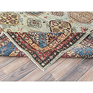 Shahbanu Rugs Light Gray Vegetable Dyes Dense Weave Soft Wool Hand Knotted Afghan Super Kazak with Geometric Medallions Oriental Rug (8'10"x12'1")