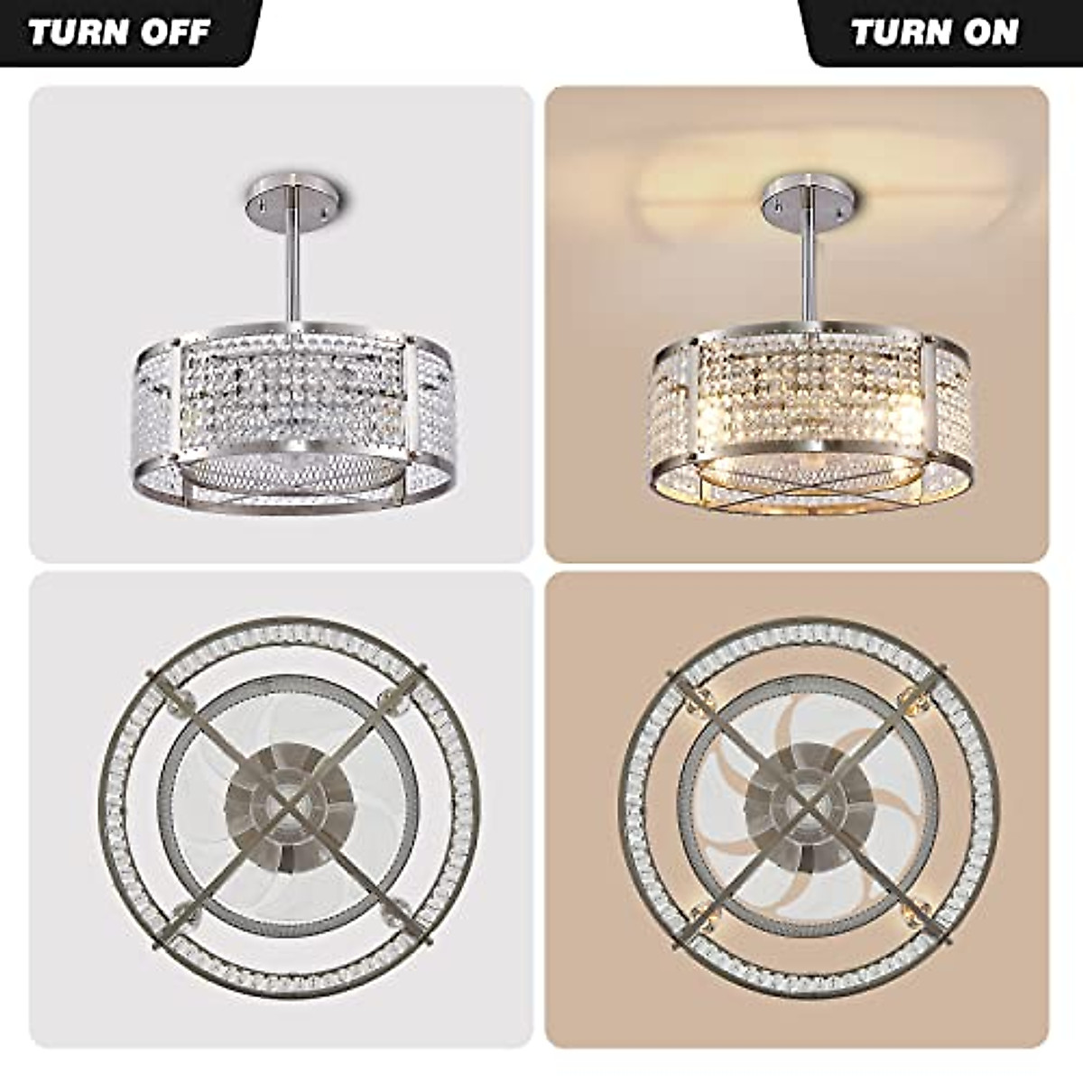 Flush Mount Caged Ceiling Fan with Lights Remote Control, Low Profile Ceiling Fan with Light Small Modern Bladeless Ceiling Fan with Reversible 6 Speeds Motor for Bedroom Dining Room (Brushed Nickel)