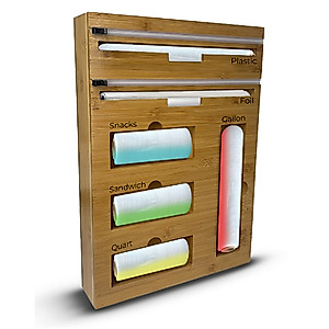 TWG Bamboo Ziplock Bag Organizer for Drawer, 6 in 1 Foil and Plastic Wrap Dispenser with Cutter, Compatible with Gallon, Quart, Sandwich and Snack Variety Size Bag