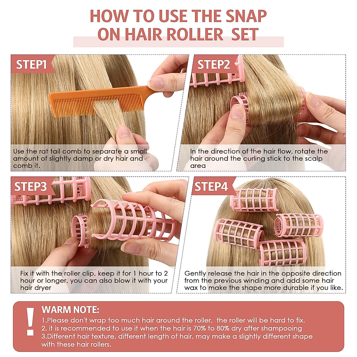 Syhood 12 Pieces Snap Hair Roller, Large Size Plastic Hair Rollers Curlers with Rat Tail Comb for Hairdressing Styling Tools(6.8 x 3 cm,Peach Color)