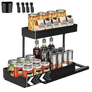 Under Sink Organizer L-Shaped, Bathroom Organizer, 2 Tier Rack Pull Out Kitchen Sliding Storage, Multi-purpose Sink Organizer Storage, with 1 Cup 4 Hooks for Home Kitchen Drawer, Black