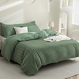 JELLYMONI Green Duvet Cover Queen Size - 3PCS Microfiber Tufted, Boho Striped, Textured Duvet Cover with Corner Ties & Zipper Closure