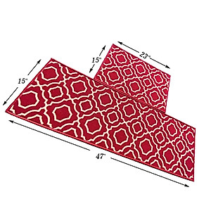 Easychan 2 Piece Carpet Rubber Backing Kitchen Mat Doormat Area Rugs (15"x47"+15"x23", Red)