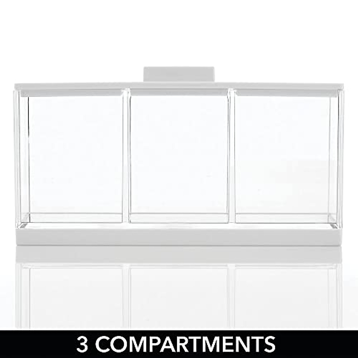 mDesign Cosmetic Divided Organizer Storage Canister Box with 3 Sections and Lid for Bathroom Vanity Countertop - Holder for Cotton Swabs, Perfume, Lipstick - Lumiere Collection - Clear/White