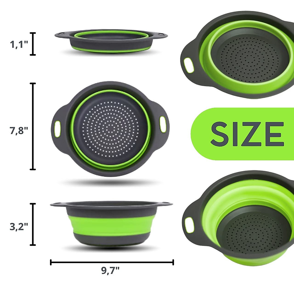 Collapsible Colander with Plastic Handles Round Silicone Kitchen Strainers Foldable Kitchen Strainer Perfect for Draining Pasta Vegetable and Fruit Green