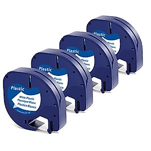 Replace for Dymo LetraTag Refills 91331 White Plastic Label Tape 12mm x 4m 1/2" x 13' Label Maker Refills Compatible with Dymo Letra Tag Label Maker LT100H LT100T QX50, Black on White, 4-Pack