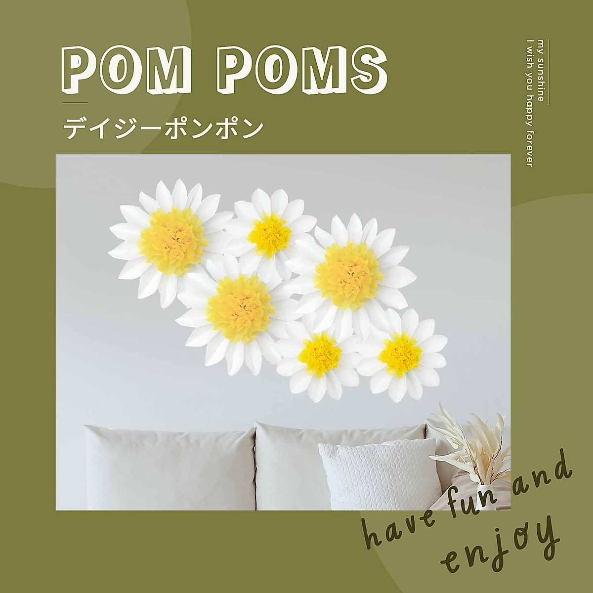 12Pcs Daisy Tissue Paper Pom Poms Flower 12" 8" for White Yellow Flowers Themed Birthday Party Sunshine Wall Hanging Baby Shower Bridal Country Wedding Party iwlorys