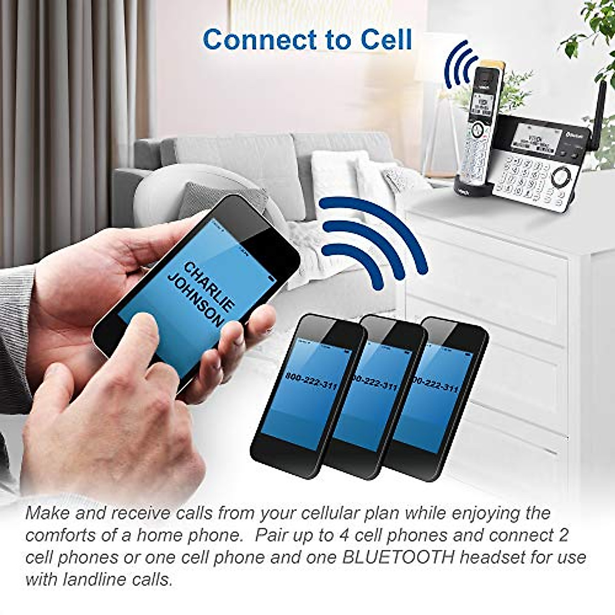 VTech IS8151-4 Super Long Range 4 Handset Cordless Phone for Home with Answering Machine, 2300 ft Range, Call Blocking, Bluetooth, Headset Jack, Power Backup, Expandable to 12 HS, Silver/Black