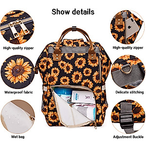 Sunflower Diaper Bag Backpack Set for Baby Girls, Large Floral Mom Bags with Nappy Pouch Stroller Straps