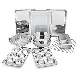 P&P CHEF Bakeware Sets of 11, Stainless Steel Baking Pans Set, Includes Baking Sheets and Rack, Lasagna Pan with Lid, Round/Square Cake Pan, Muffin Pans, Loaf Pan, Reusable & Durable