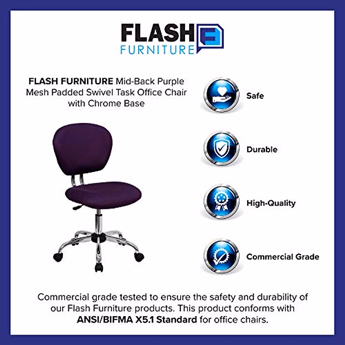 Flash Furniture Beverly Mid-Back Purple Mesh Padded Swivel Task Office Chair with Chrome Base