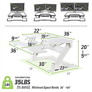 [Upgrade]Eureka Ergonomic V2 Sit To Stand Desk Converter, 36'' Height Adjustable Standing Desk Risers Converters Desktop Stand Computer Workstation Home Office Computer Desk with Keyboard Tray - White