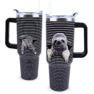PERRIFIC Sloth Mug 30 oz Tumbler With Handle and Straw Lid - Leak Proof Insulated Travel Mug for Hot and Cold Drinks - Birthday Gifts for Women, Stainless Steel Cup