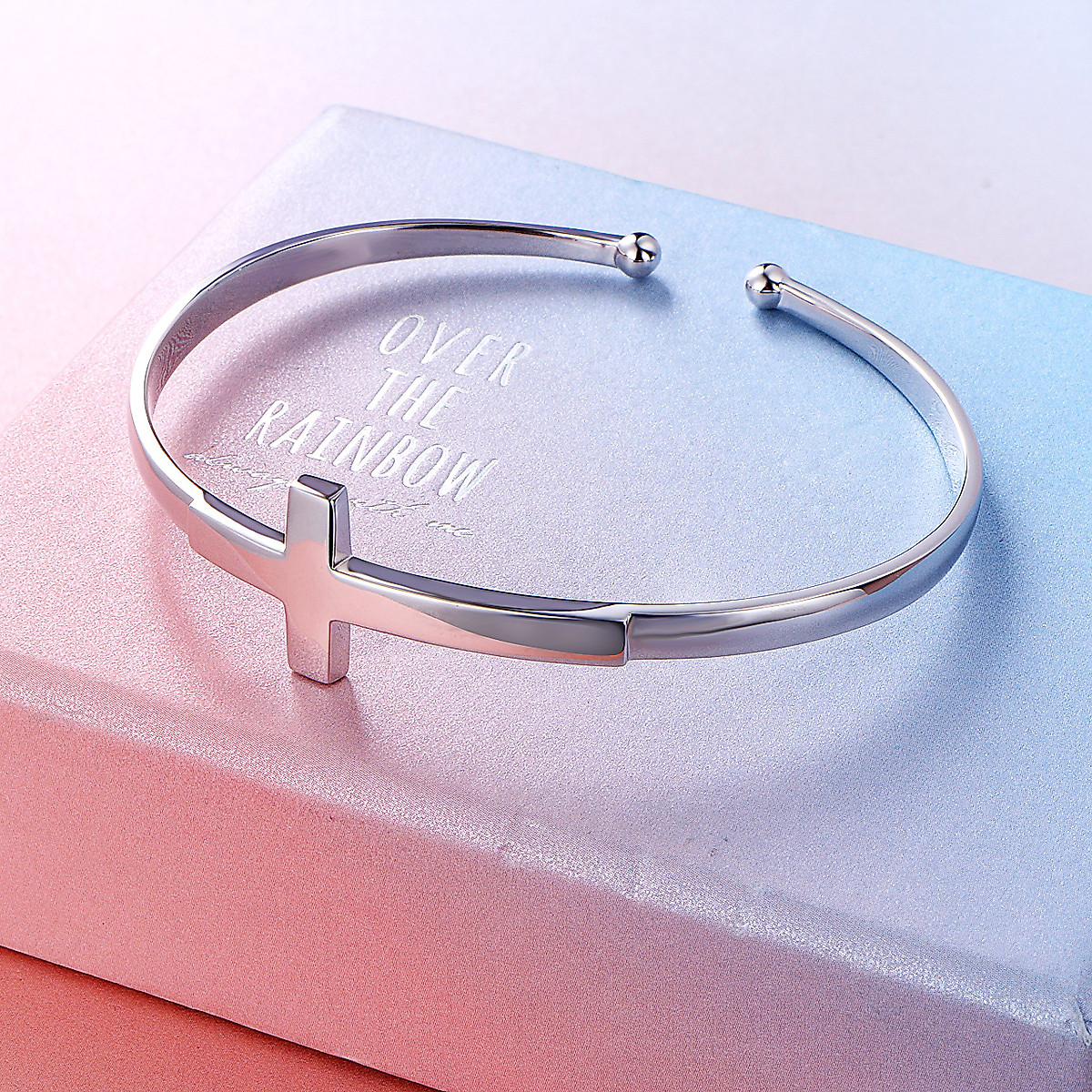 DAOCHONG S925 Sterling Silver Engraved Faith Hope Love Inspirational Cuff Cross Bangle for Women Sister