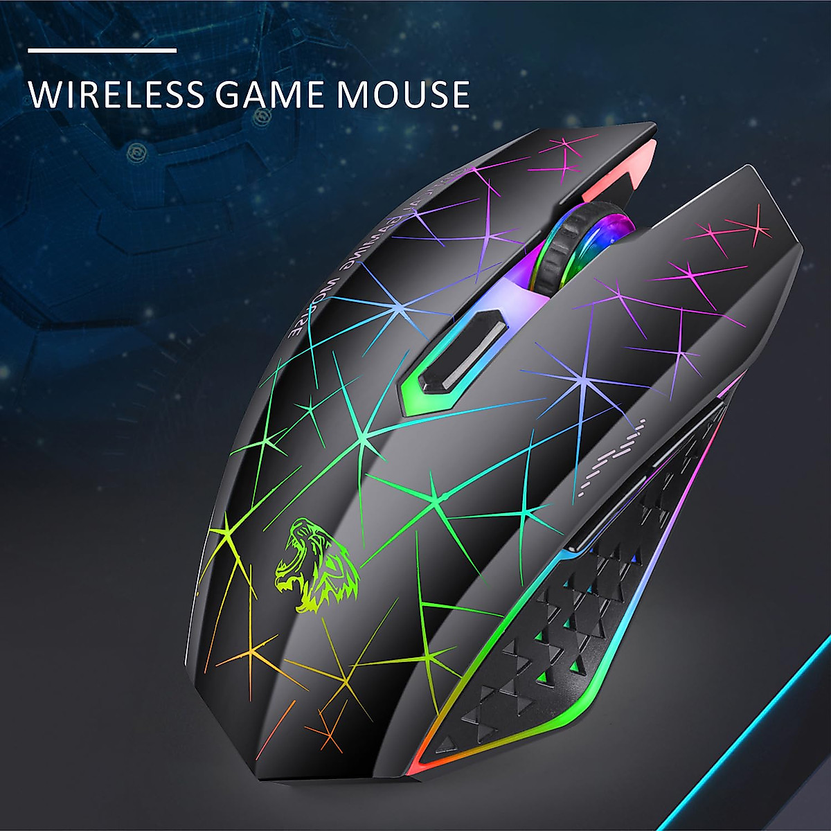 TENMOS V7 Wireless Gaming Mouse, Rechargeable LED Wireless Mouse Silent Optical Rainbow USB Computer Mice for Laptop PC (Black)
