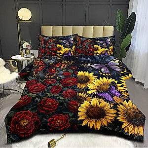 CCoutueChen Butterfly Comforter Set Queen,Yellow Sunflowers Comforter for Girls,Purple Butterfly Bedding,Botanical Floral Bedroom Decor, 3Pcs Soft Lightweight Summer Comforter