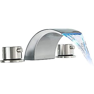 Bathfinesse 8-16 Inch LED Light Faucet Widespread Bathroom Sink Faucet Waterfall Vanity with 3-Color Changing 3 Holes with 2-Handles T Commercial Brushed Nickel Deck Mount Lavatory Faucets