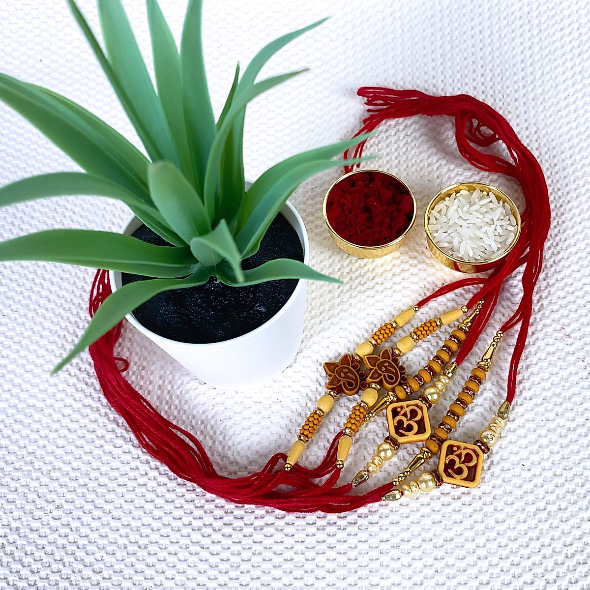 CRAFTONE Set of 6 Om & Ganesha Design Traditional Rakhi for Brother, Designer Rakhi Set for Raksha Bandhan, Moti Beads Rakhi Thread Bhaiya Bhabhi Sister Rakhi Band for Rakshabandhan with Roli Chawal