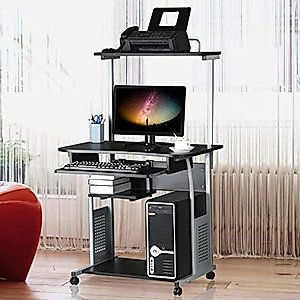 Topeakmart 3 Tier Computer Desk with Printer Shelf and Keyboard Tray, Home Office Desk Computer Workstation Rolling Study PC Laptop Table for Small Spaces Black