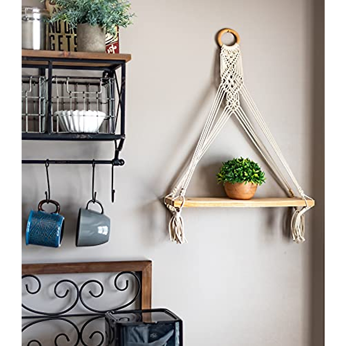 Macrame Wall Hanging Shelf, Bohemian Indoor Wall Décor, Wood Hanging Macrame Floating Shelf, Handmade Woven Twisted Cotton Rope Plant Hanger