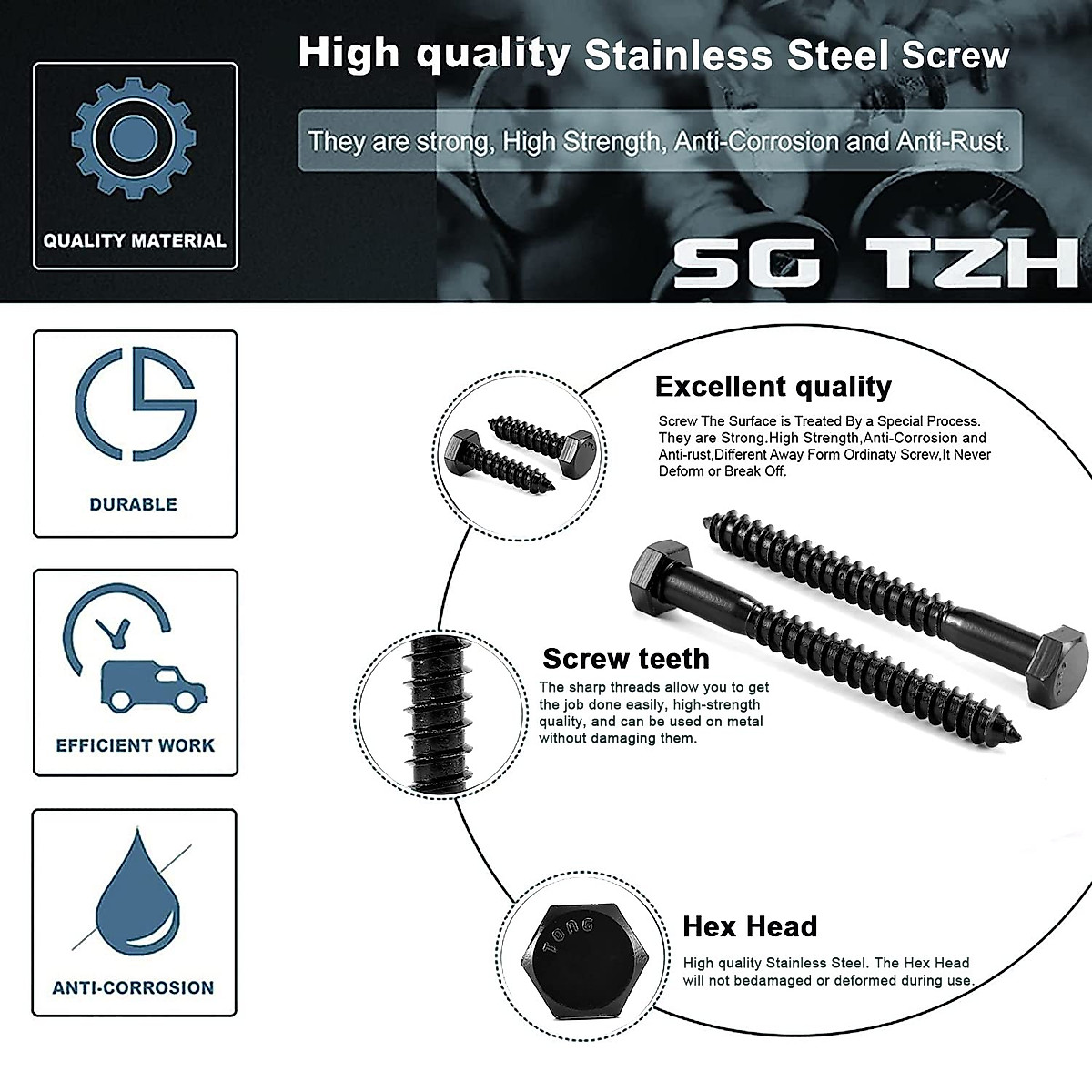 5/16" x 1-1/4" Hex Head Lag Screws Bolts 20Pcs 304 Stainless Steel 18-8, Partial Thread, Hexagon Head Wood Screws by Black Oxide by SG TZH