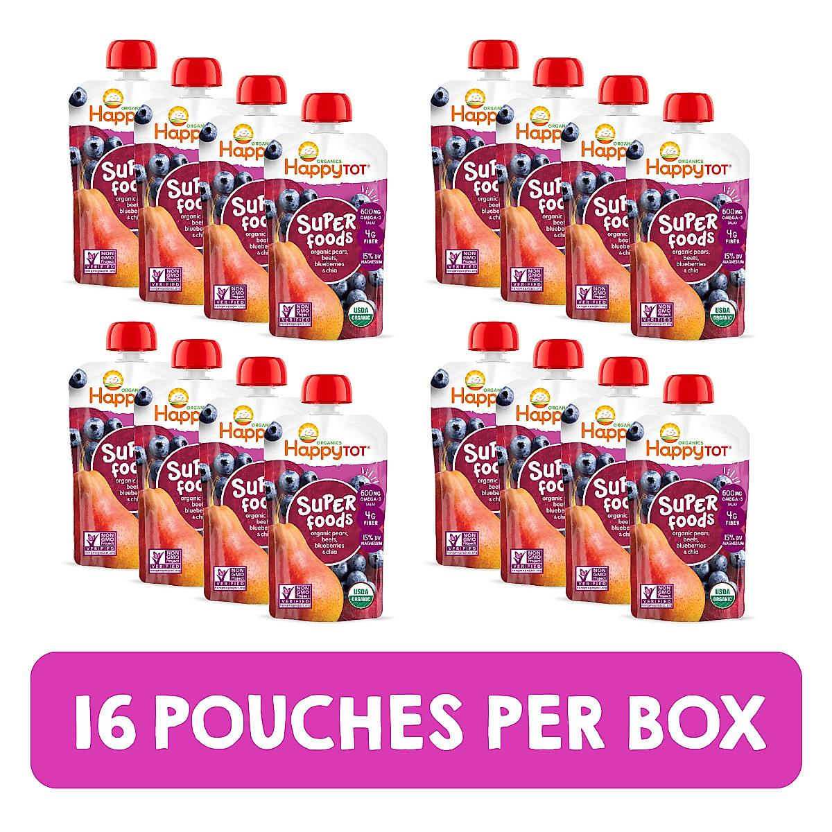 HAPPYTOT Organics Super Foods Stage 4, Pears, Blueberries & Beets + Super Chia, 4.22 Ounce Pouch (Pack of 16) packaging may vary