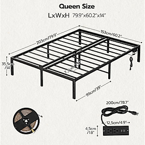 HOOBRO Queen Bed Frame with LED Lights, Metal Platform Bed Frame with Charging Station, 2 Outlets and 2 USB Ports, Heavy Duty Queen Size Bed Frame with End Stop, Ample Under Bed Space, Black