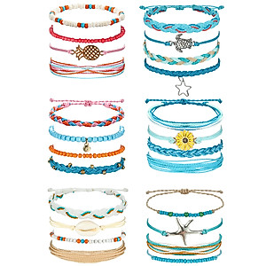 LOLIAS 24 Pieces Waterproof String Bracelets for Women Surfer Wave Boho Bracelet Adjustable Handmade Friendship Bracelet String Ocean Beach Boho Bracelets Anklets for Women Ocean