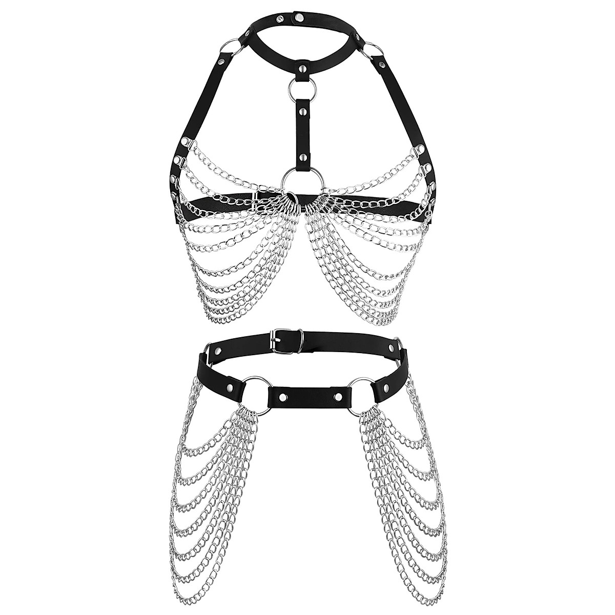 NICEIGHT Punk Leather Body Chains for Women Layered Waist Belly Chain Belt Black Chest Chain Gothic Party Rave Body Jewelry