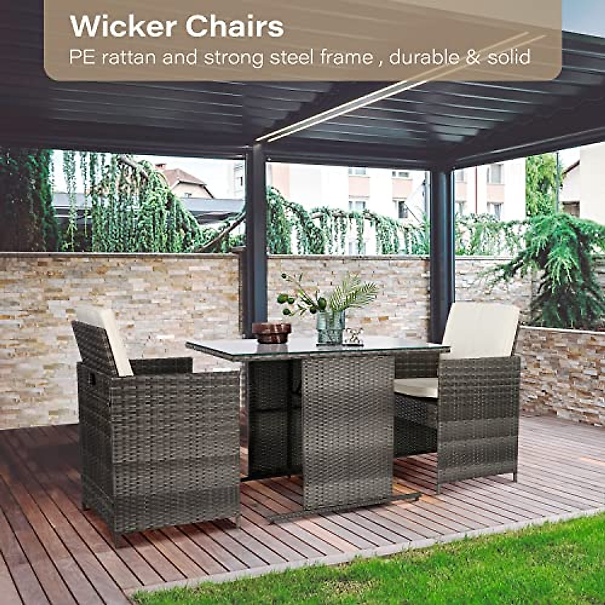 PayLessHere Outdoor Patio Furniture Set 3 Pieces Space-Saving Modern Wicker Bistro Set Rattan Dining Set, Conversation Rattan Chair Set of 2 with Dining Table for Lawn Balcony Poolside Backyard,Khaki