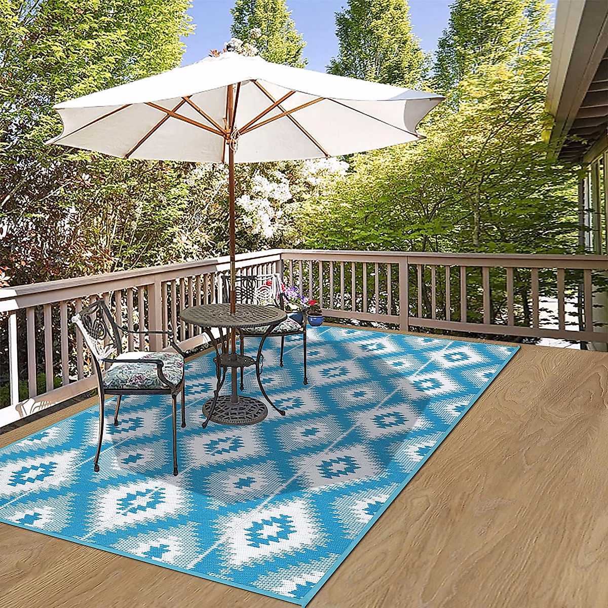 Ileading Reversible Outdoor Rug 4x6Ft Waterproof Patio Rug Carpet Portable Outdoor Plastic Straw Rug Large RV Camping Mat Rug for Patio, Clearance, Deck, Beach, Porch, Camping, Picnic, Gradual Teal