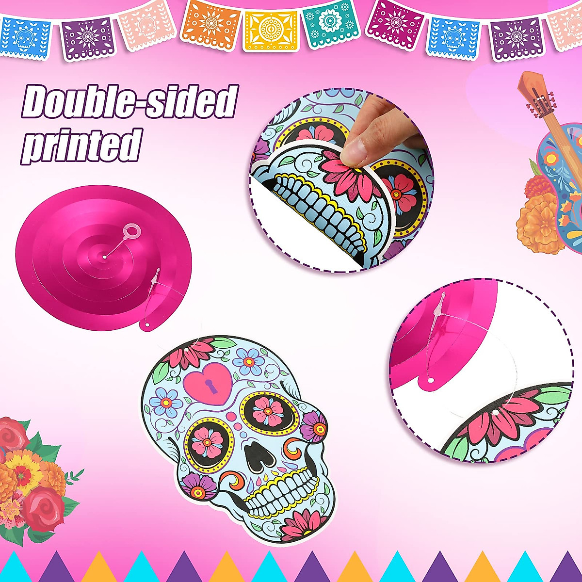 30 pcs Day of The Dead Foil Swirls Decorations Halloween Sugar Skull Flowers Ceiling Hanging Swirls Dia de los Muertos Party Favors Supplies for Halloween Birthday Skull Mexican Party (Novel Style)