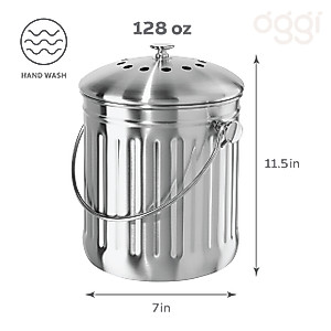 Oggi Countertop Compost Bin with Lid-1 Gallon Indoor Compost Bin Charcoal Filter, Stainless Steel Compost Container, Ideal Kitchen Compost Pail, Eco Friendly Products, (7320)