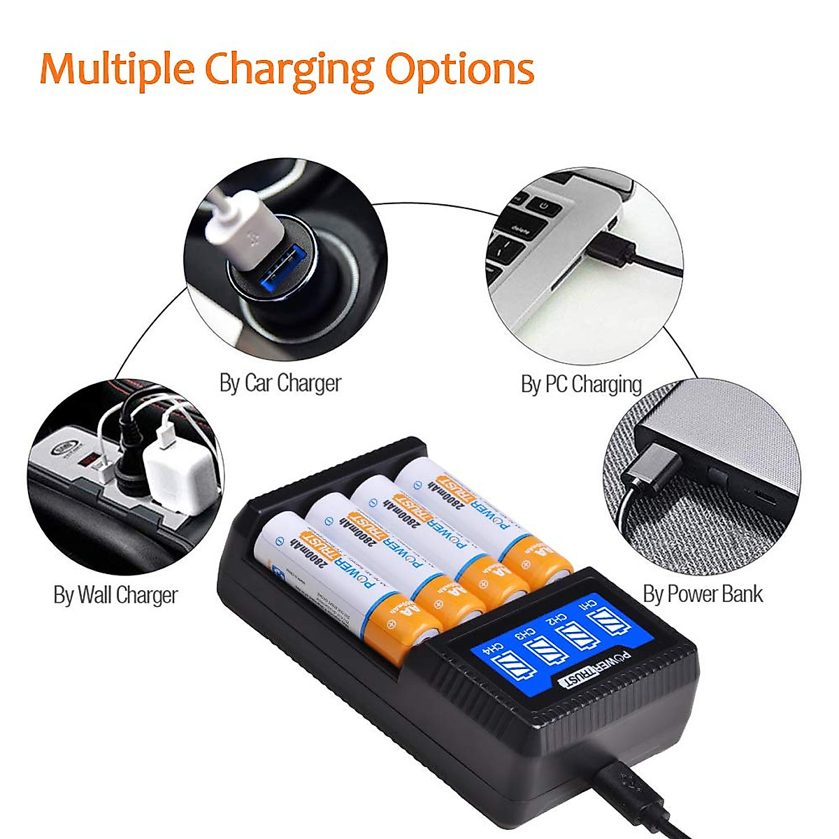 PowerTrust 2800mAh 4Pack AA Rechargeable Batteries and LCD USB Charger for AA AAA Ni-MH Rechargeable Batteries with 4-Slots