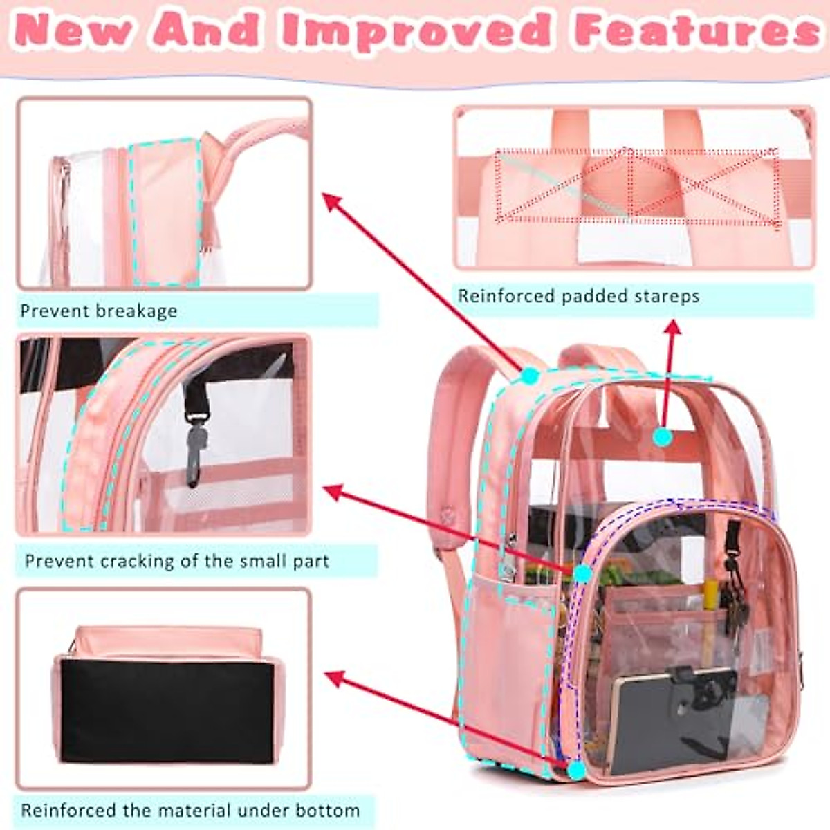 BLUEFAIRY Clear Backpack for School Stadium Approved Large PVC See Through Bag Heavy Duty Bookbag Transparent Plastic Bag for Kids Students Work Events 17" Pink