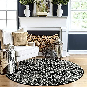 Wonnitar Moroccan Washable Round Rug 5ft Large Black Bedroom Circle Rug Non-Slip Dining Room Table Area Rug Contemporary Entryway Floor Carpet for Living Room Office Entryway (Black,5ft Round)