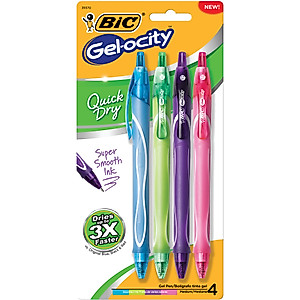 BIC Gel-ocity Quick Dry Fashion Retractable Gel Pens, Medium Point (0.7mm), 4-Count Gel Pen Set, Colored Gel Pens With Full-Length Grip